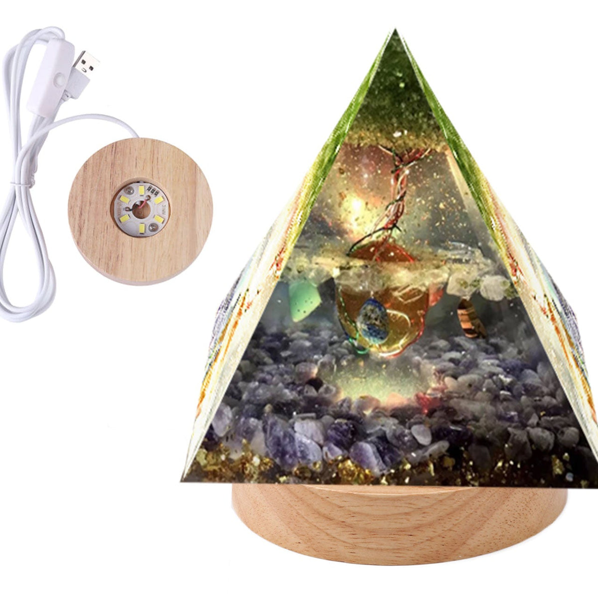 Orgone Pyramid LED Light Wooden Base | Primal Chakra
